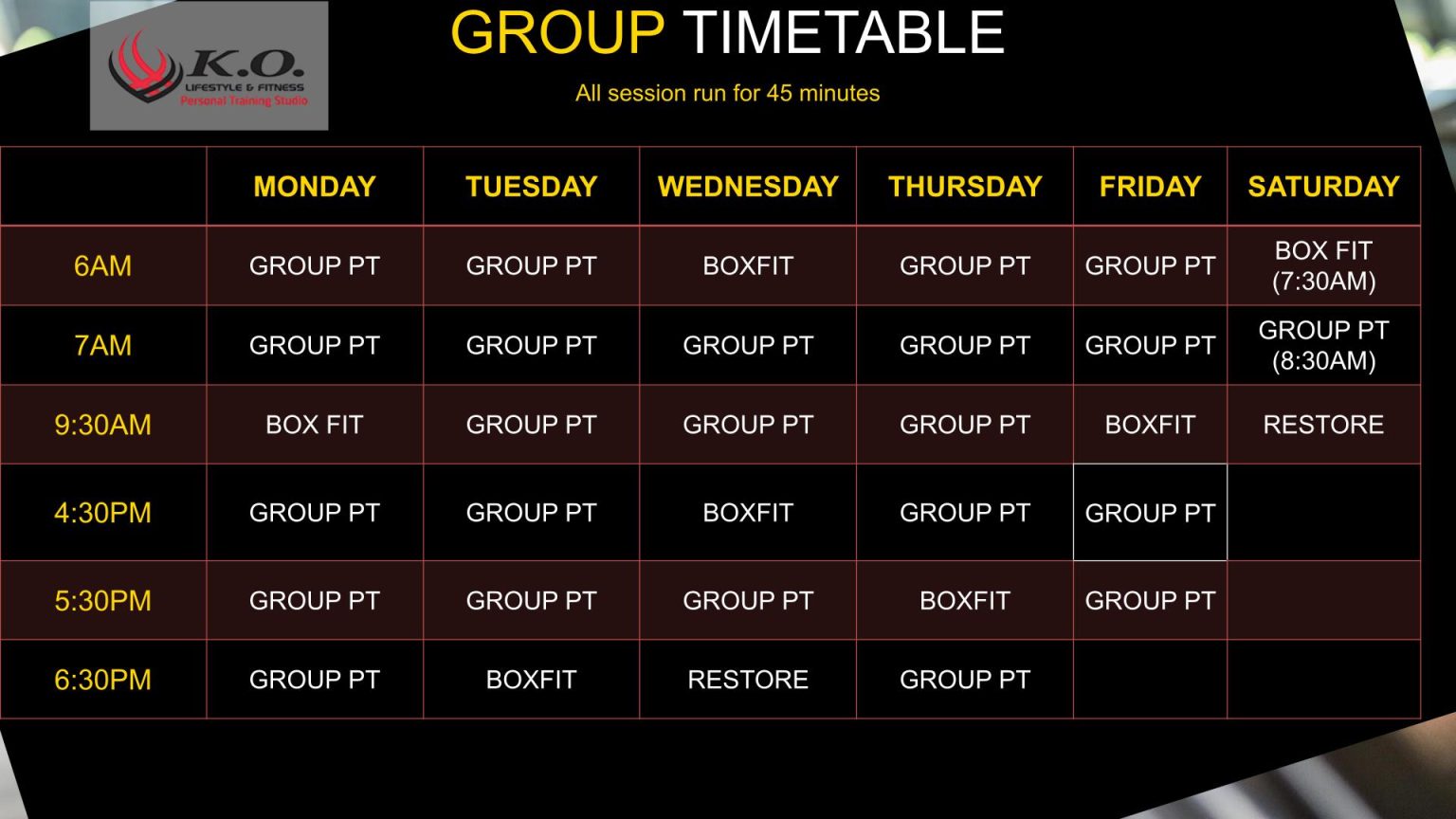Group Timetable - Ko Lifestyle And Fitness